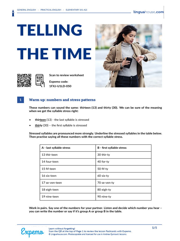 Telling The Time British English Student A1 A2 | PDF | Stress ...