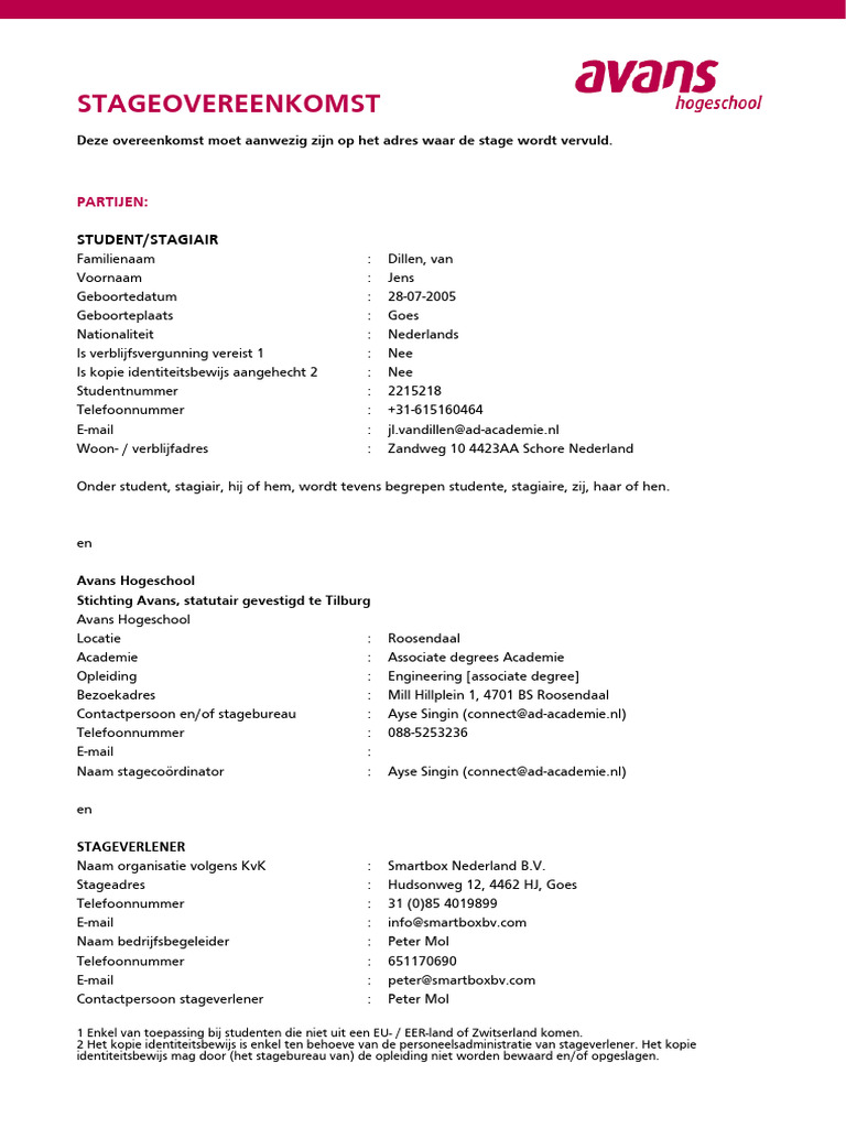 Stageovereenkomst Jens Van Dillen 2215218 | PDF
