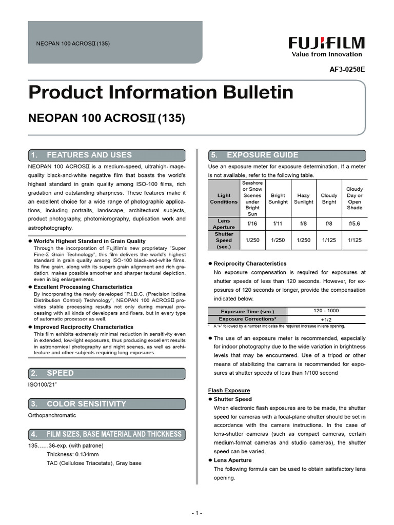 Af3 0258e Pib Neopan 100 Acrosii 135 3 Data Sheet | PDF | Exposure ...