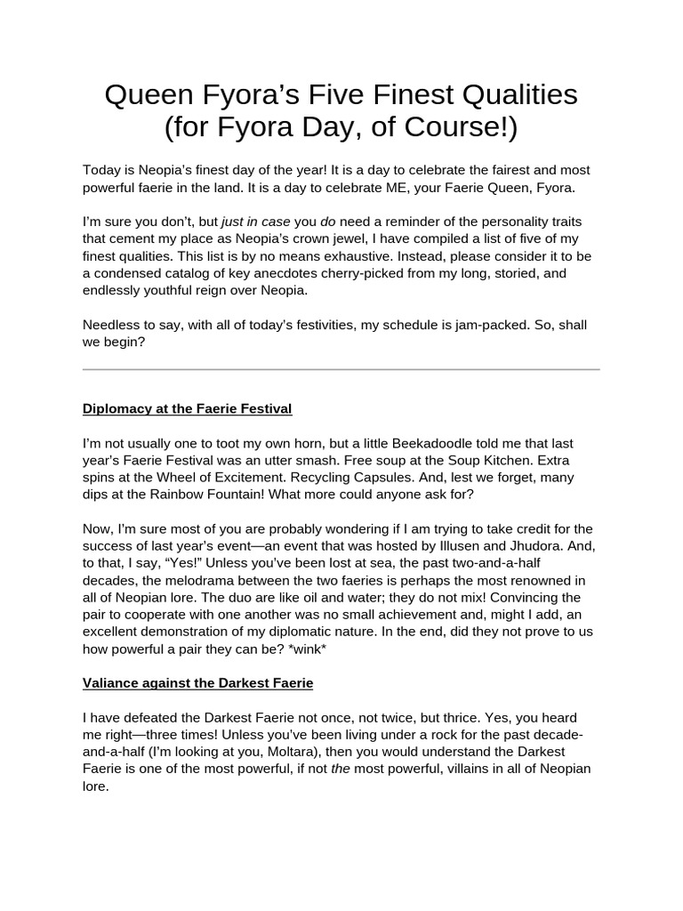 Fyora's Top Five Qualities Explained | PDF
