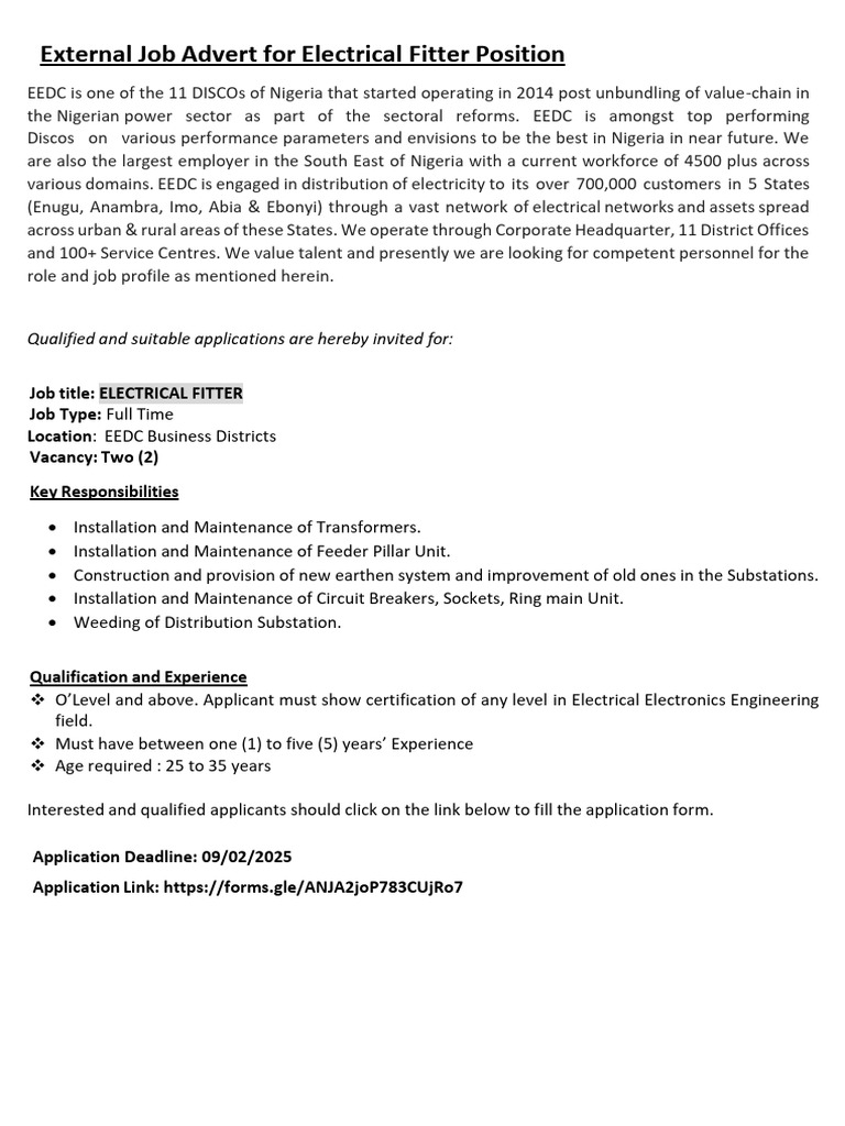 ELECTRICAL FITTERS_External Job Advert | PDF