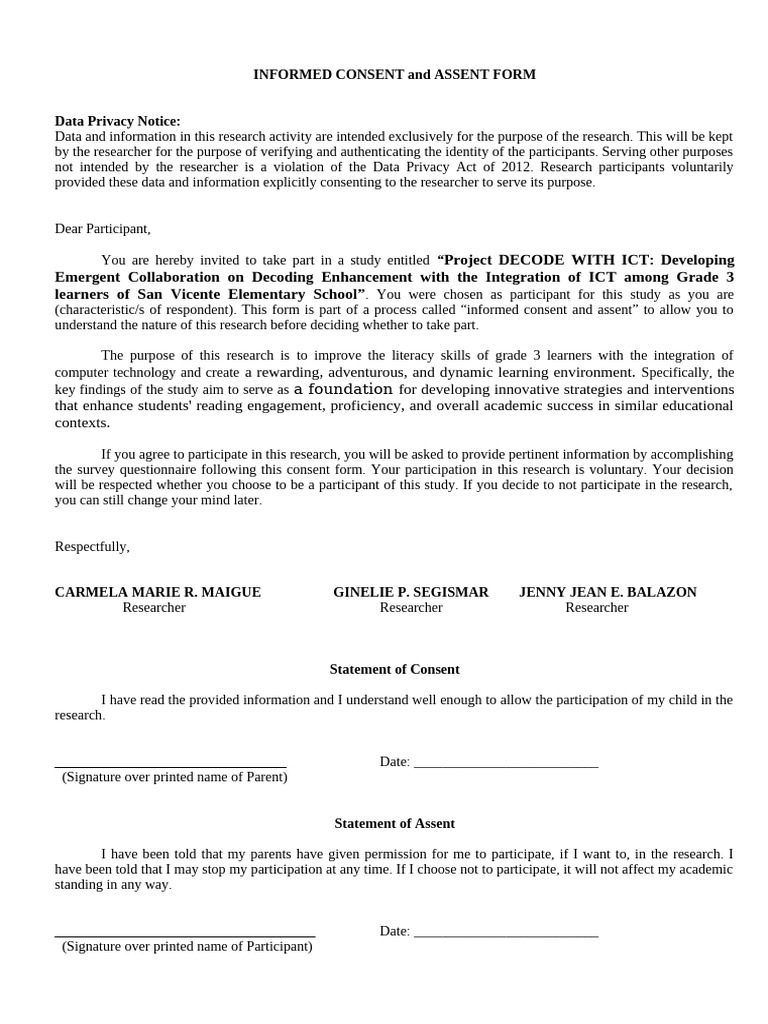 Informed Consent and Assent Form 1 Decode | PDF | Behavior Modification ...