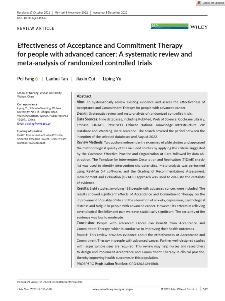 Journal of Advanced Nursing - 2022 - Fang - Effectiveness of Acceptance and Commitment Therapy ...
