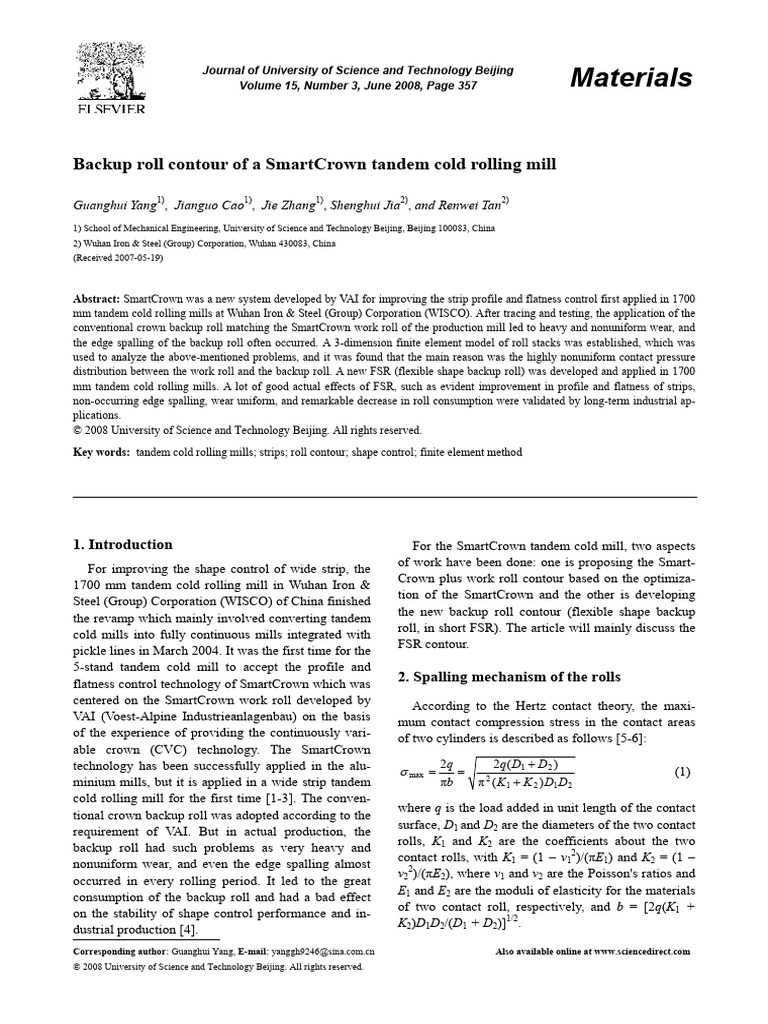 Backup Roll Contour of A SmartCrown Tandem Cold Rolling Mill | PDF ...