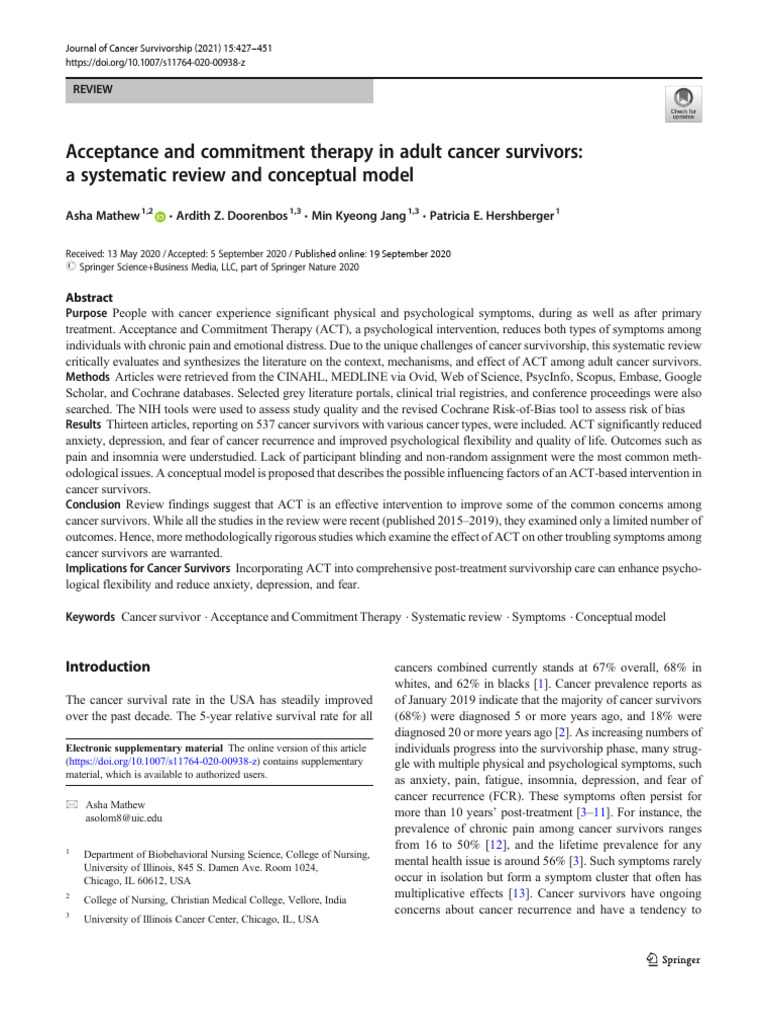 Acceptance and Commitment Therapy in Adult Cancer Survivors: A ...