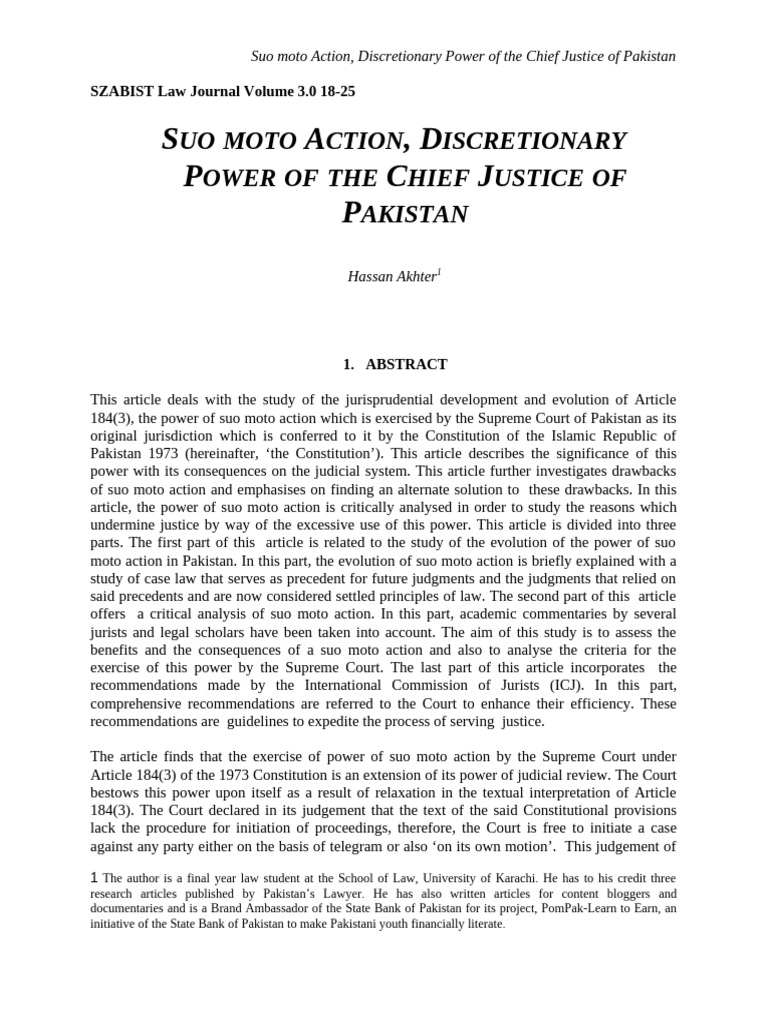 Suo Moto Action, Discretionary Power of The Chief Justice of Pakistan ...