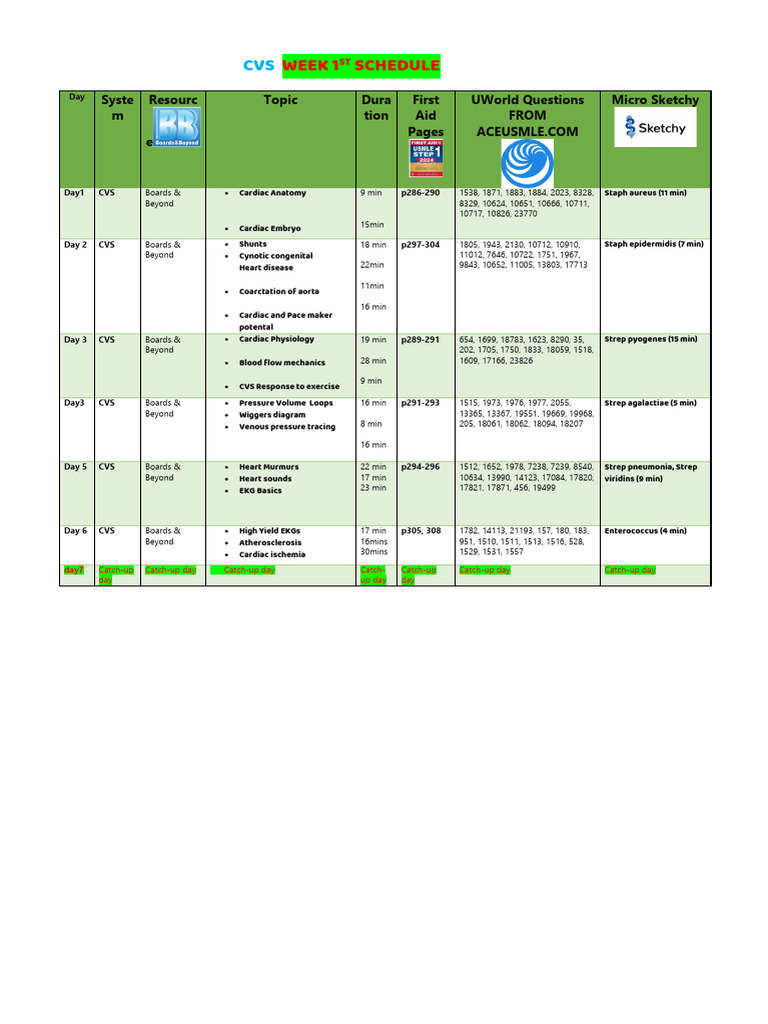 CVS WEEK 1ST SCHEDULE | PDF | Heart | Diseases And Disorders