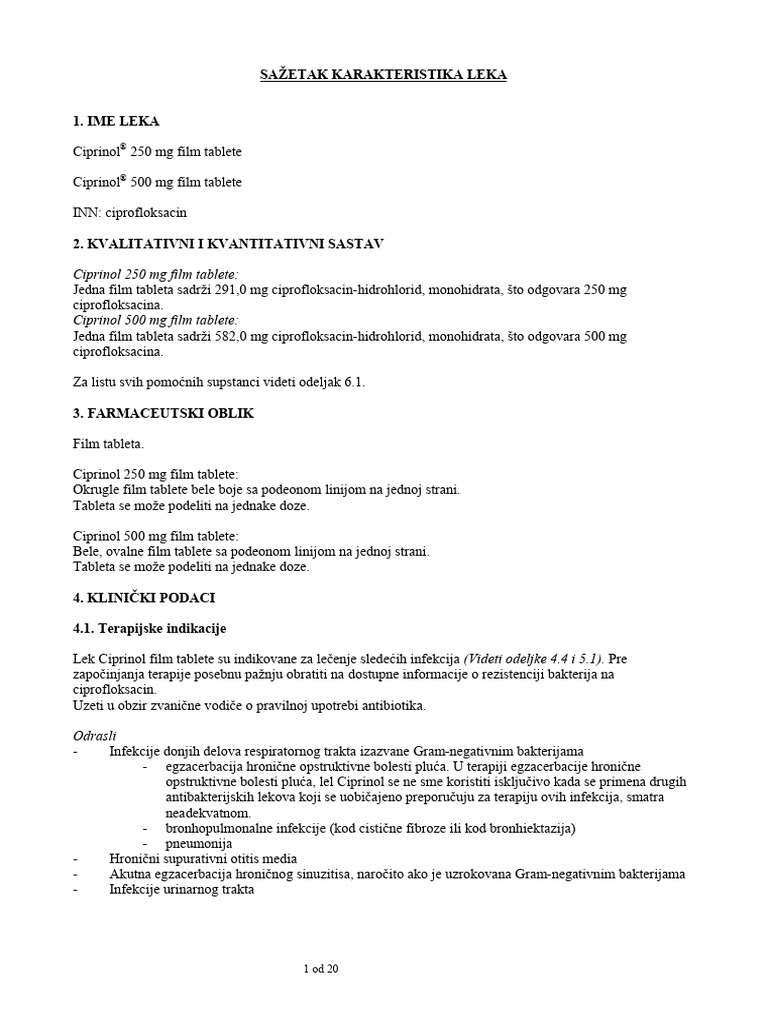 Sažetak Karakteristika Leka: Ciprinol 250 MG Film Tablete | PDF