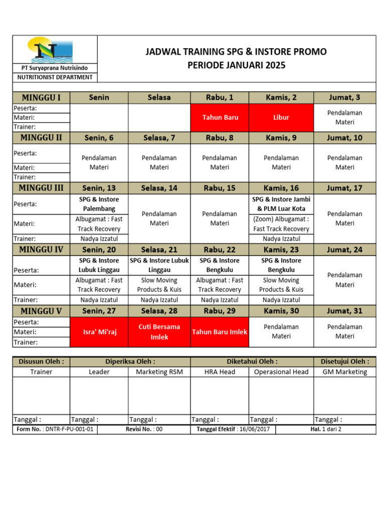Jadwal Training Instore 2025 | PDF