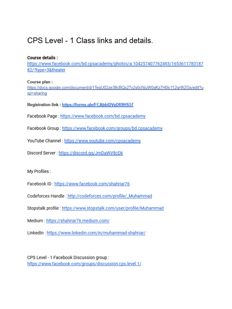 CPS Level - 1 Class links and details | PDF