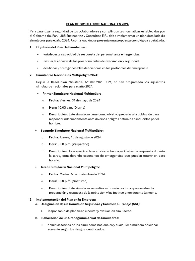 Plan de Simulacros 2024 | PDF