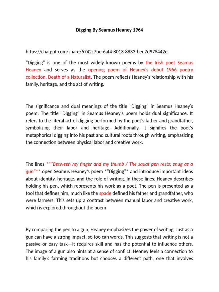 Analyzing Heaney's "Digging" Poem | PDF | Poetry