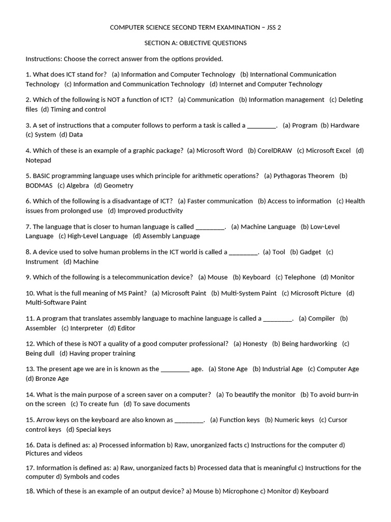 COMPUTER SCIENCE Exam for JSS 2 | PDF | Computer Keyboard | Assembly Language