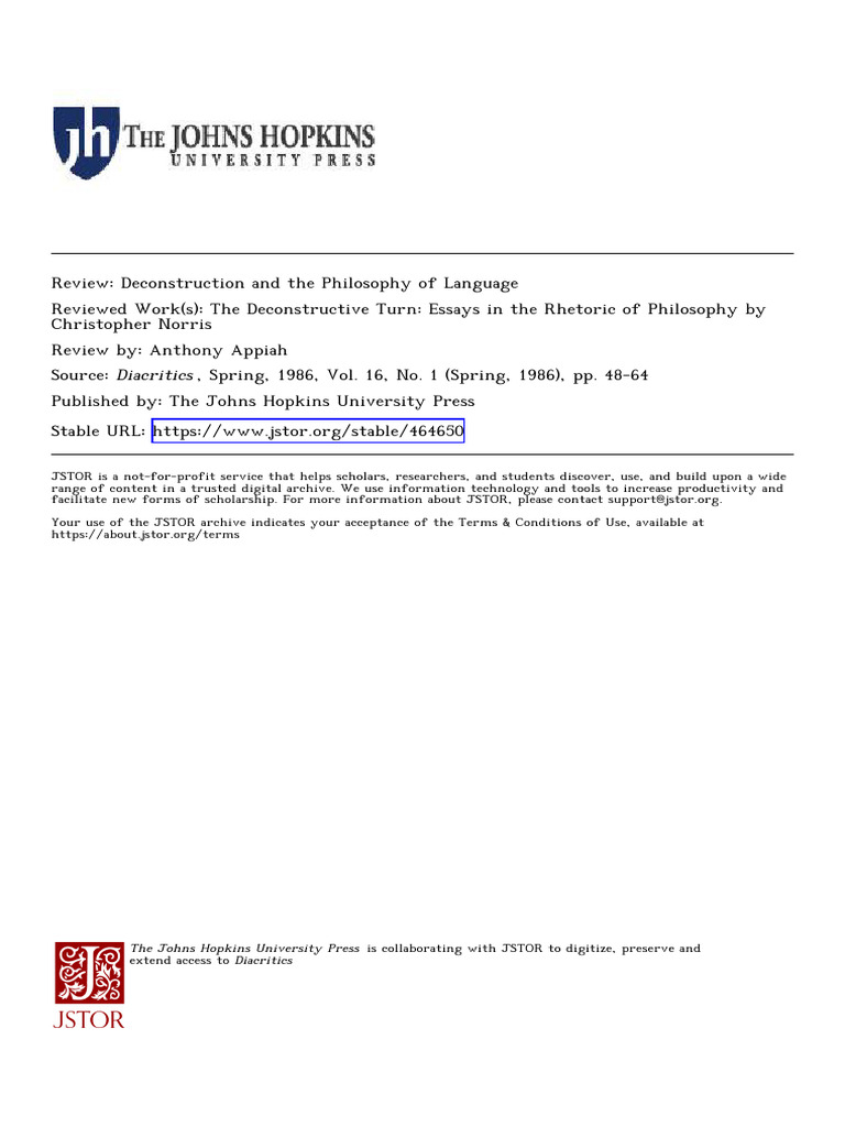 Deconstruction and The Philosophy of Language (Appiah) | PDF ...