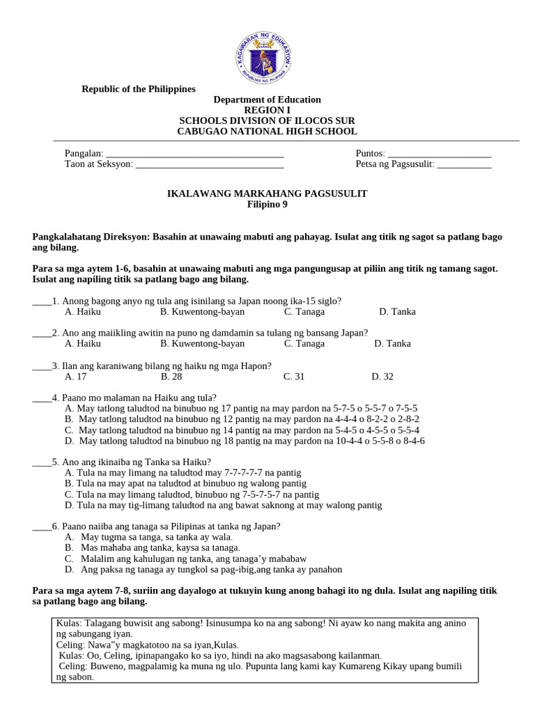 Ikalawang-Markahang-Pagsusulit-Filipino-9-2023-2024-2 | PDF