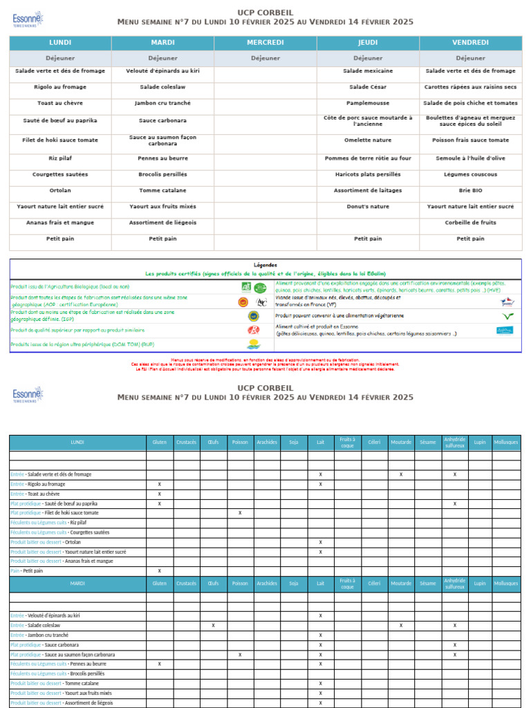 Menu Semaine 7 UCP Corbeil Février 2025 | PDF | Légumes | sauce