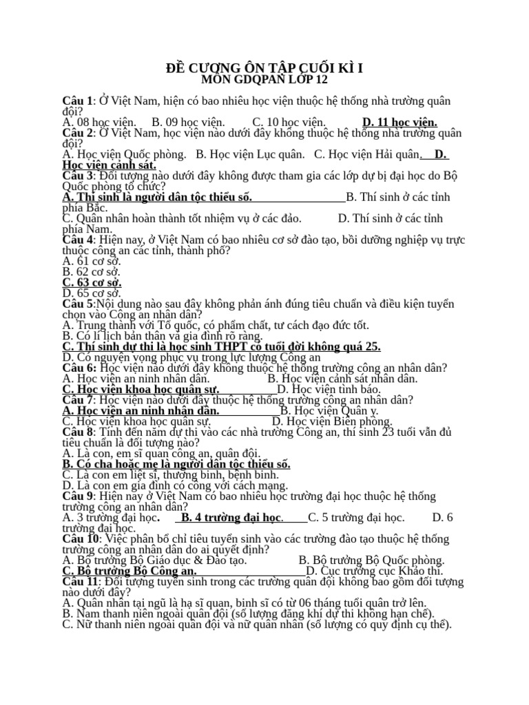 Đề cương ôn tập môn GDQPAN 12 | PDF