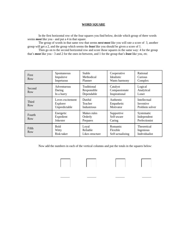 4 Square Personality Assessment | PDF