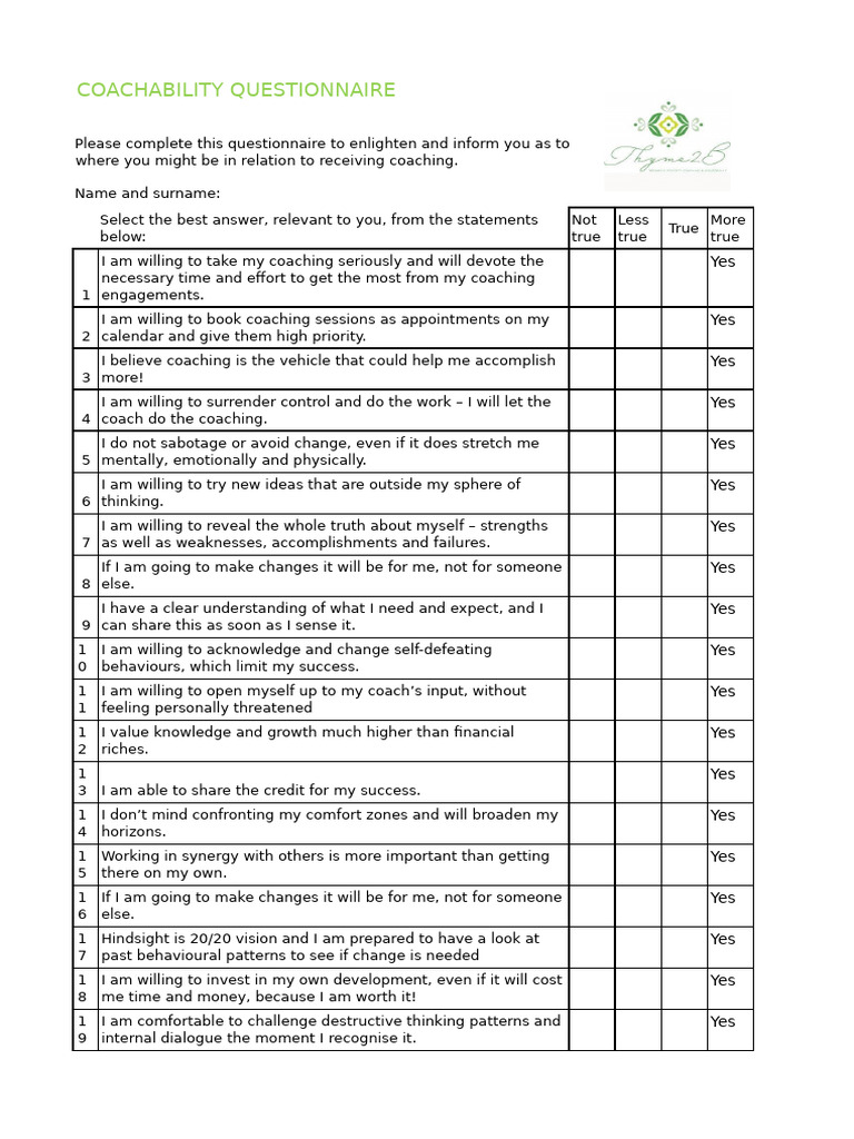 Coachability Self-Assessment Quiz | PDF | Social Psychology | Cognition