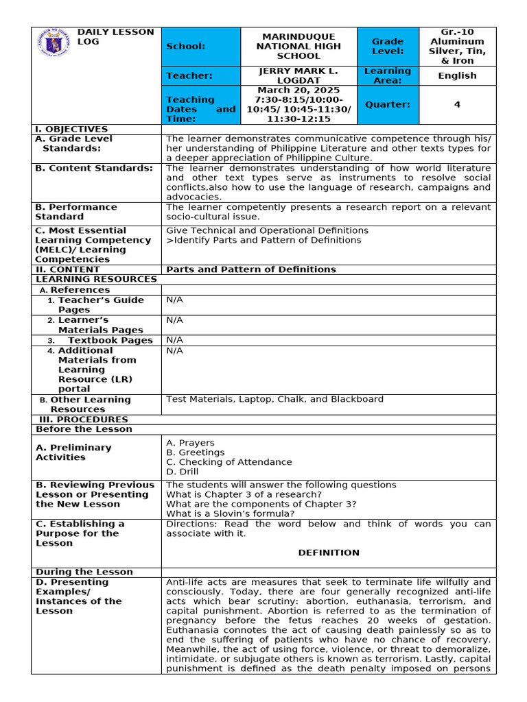 ENG-10-Q4 Parts and Pattern of Definition | PDF | Goods | Learning