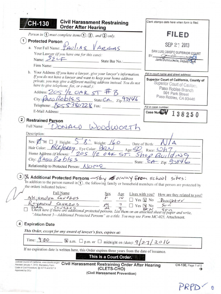Civil Harassment Restraining Order CH-130 | PDF | Restraining Order ...