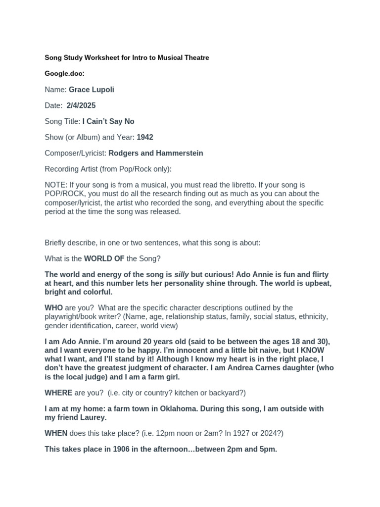Ado Annie's Song Study Worksheet | PDF