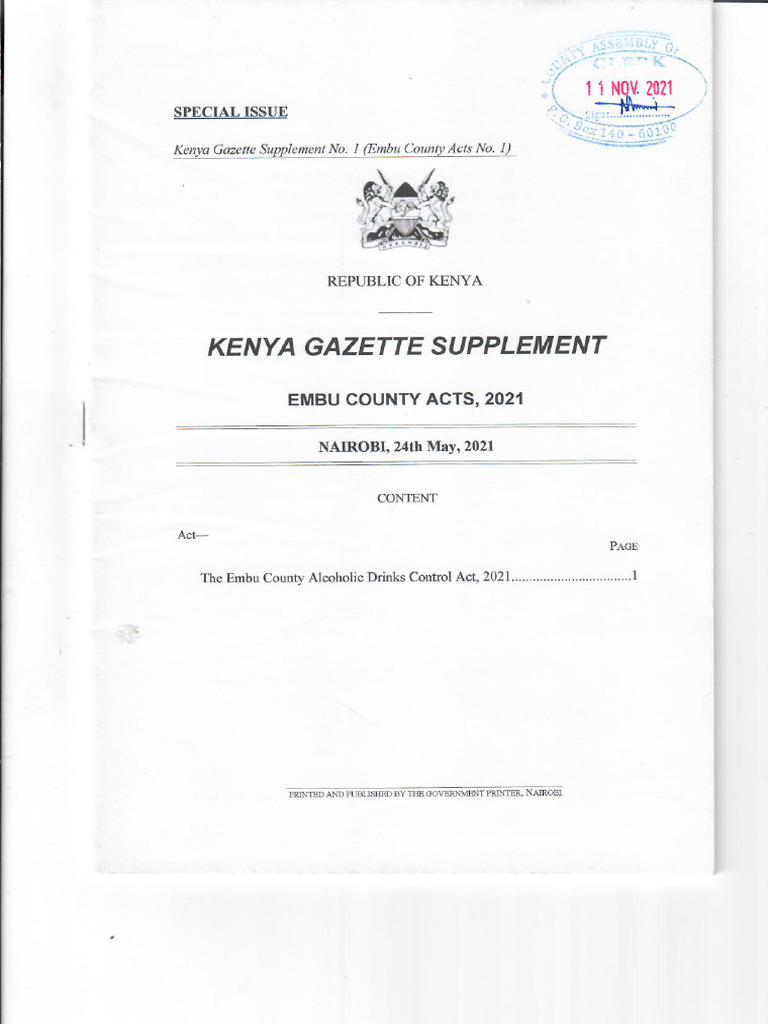 The Embu County Alcoholic Drinks Control Act 2021 | PDF