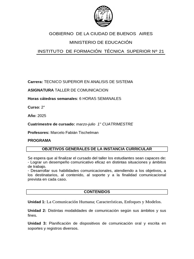 PROGRAMA Taller de Comunicación Ifts (2) | PDF | Comunicación | Enseñando