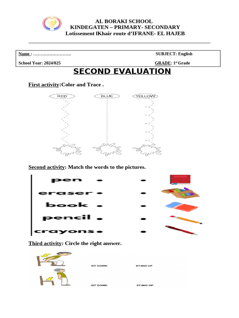 1st Grade English Evaluation Activities | PDF