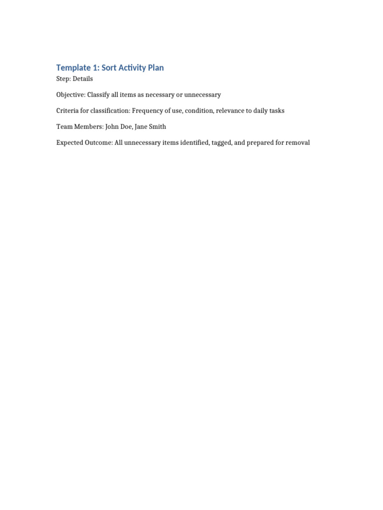 5S Sort Activity Plan Template | PDF