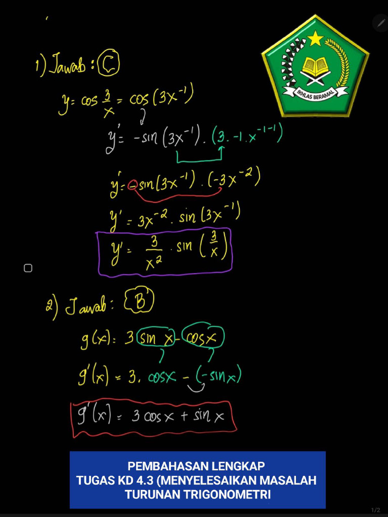 (Bahas Aoal No. 1 SD 21 Dan 24) Tugas KD. 4.3 (Masalah Turunan Trigonometri) | PDF