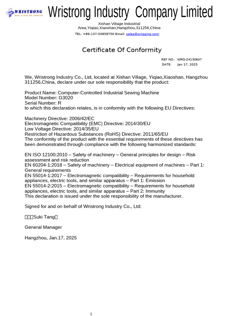 Certificate of Conformity For Sewing Machine | PDF