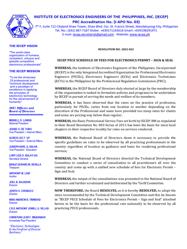 Resolution-IECEP-PECE-Schedule-of-Fees-for-Electronics-Permit-Sign-Seal_2021-022_rev2 | PDF