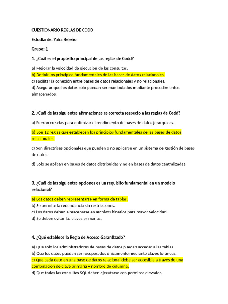 Cuestionario Reglas de Codd. | PDF | Bases de datos | Base de datos relacional