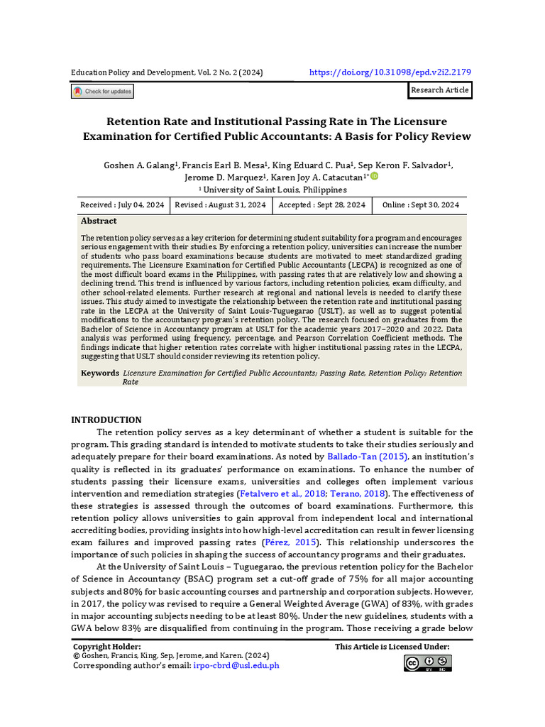 Retention Rate and Institutional Passing Rate in The Licensure | PDF ...