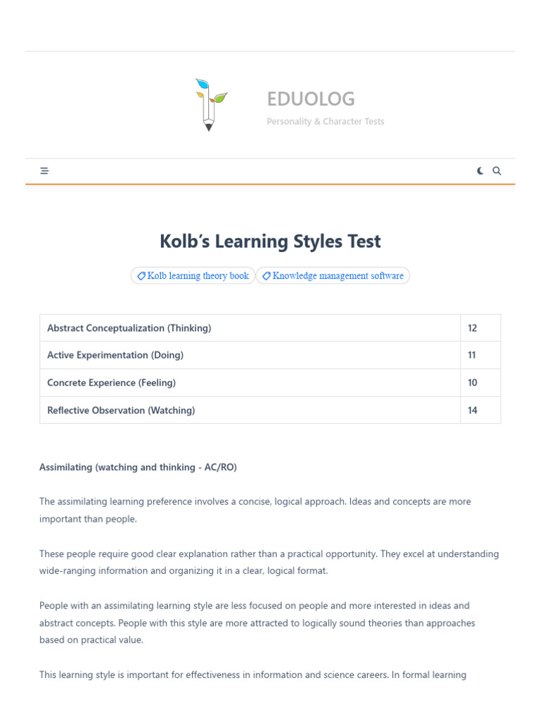 Kolb’s Learning Styles Test - Eduolog | PDF