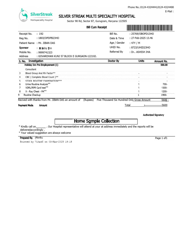 Medical Receipt for Routine Checkup | PDF