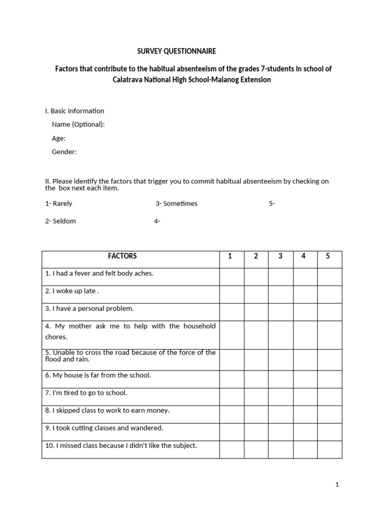 Factors of Student Absenteeism Survey | PDF