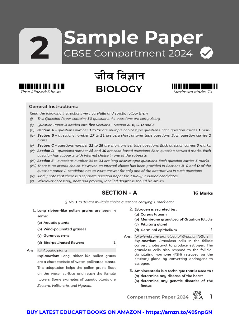 2024 CBSE 12 Biology Compartment Paper | PDF | Evolution | Translation (Biology)