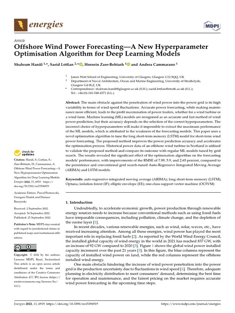 Energies: Offshore Wind Power Forecasting-A New Hyperparameter Optimisation Algorithm For Deep ...