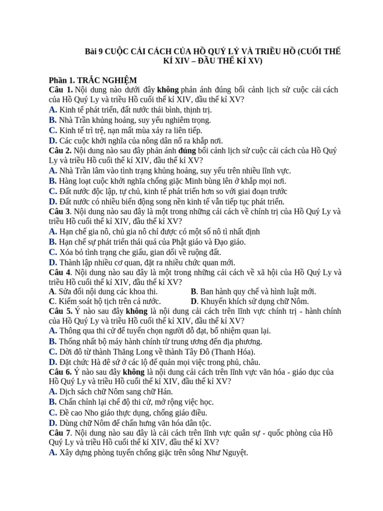Bài 9 CUỘC CẢI CÁCH CỦA HỒ QUÝ LÝ VÀ TRIỀU HỒ (CUỐI THẾ KỈ XIV - ĐẦU ...
