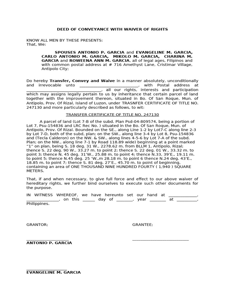 Deed-of-Conveyance-and-Waiver Antipolo | PDF | Property Law | Law And Economics