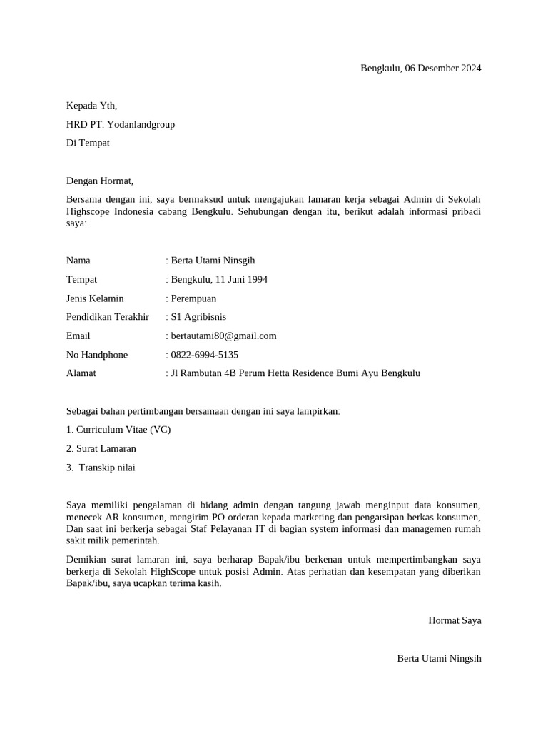 Surat Lamaran Berta | PDF