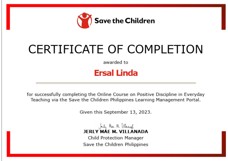 Certificate of Completion: Positive Discipline Course | PDF