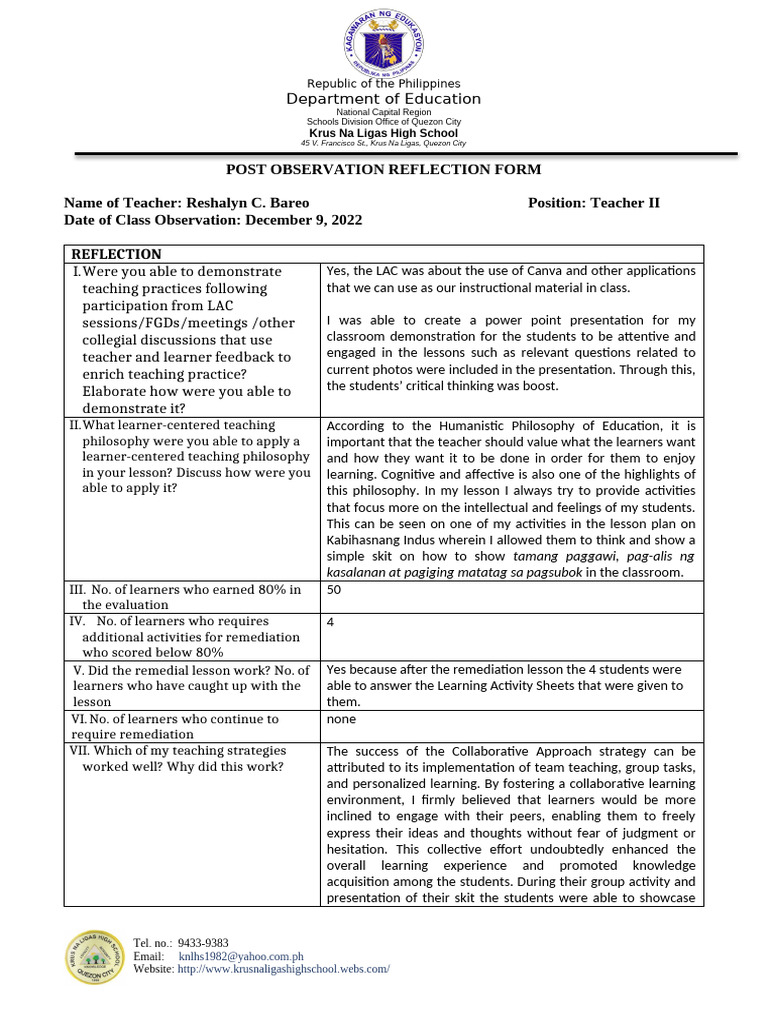 Cot 1 Post Observation Reflection Template | PDF | Learning | Teachers