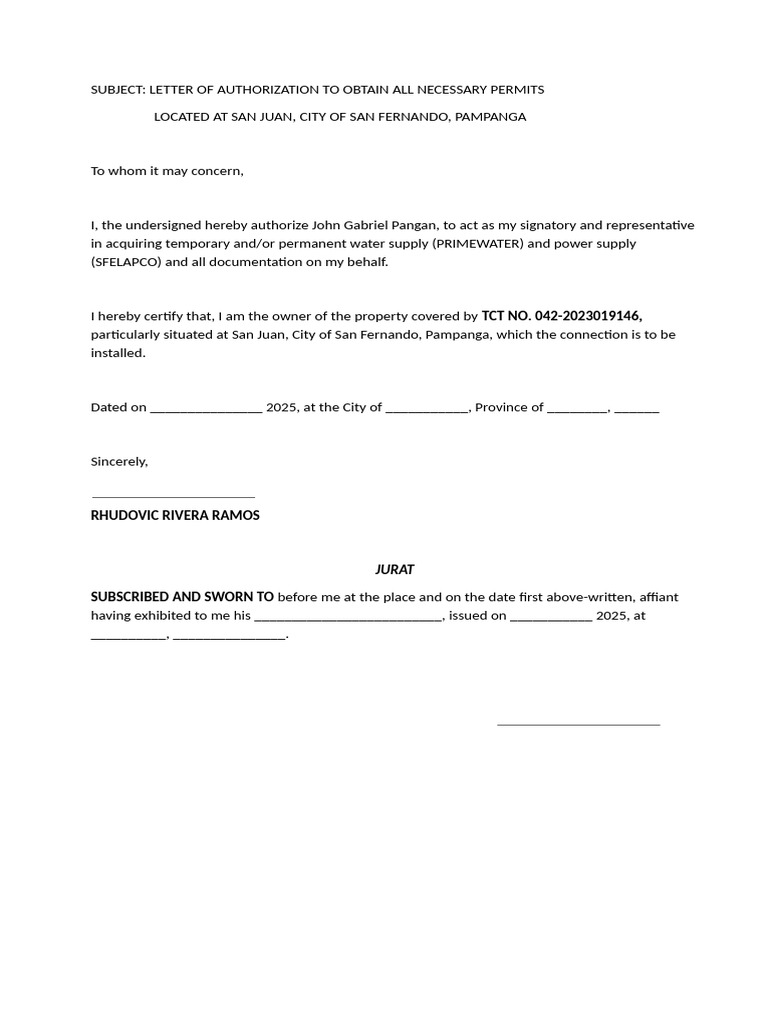 Authorization for Water and Power Supply | PDF | Power Of Attorney ...