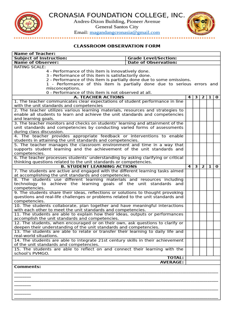 Classroom Observation Form | PDF | Teachers | Learning