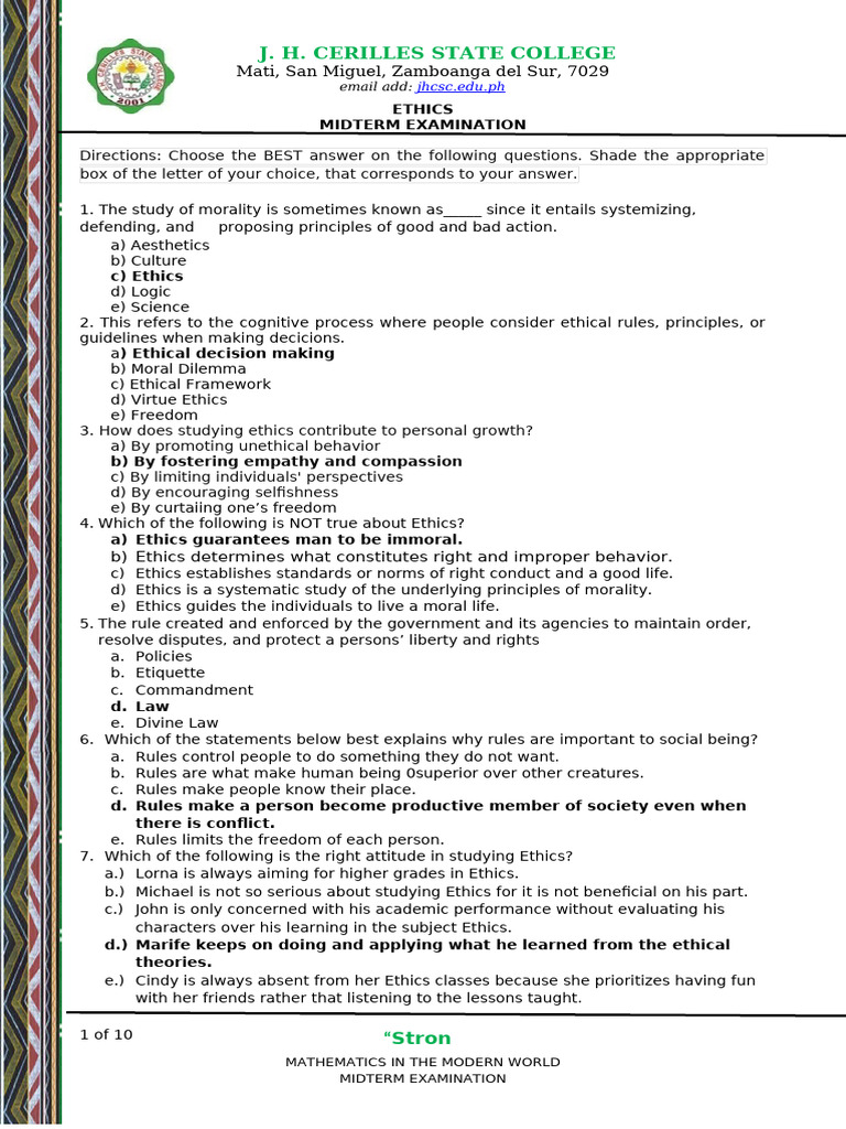 ETHICS-MIDTERM EXAM WD ANSWER KEY | PDF | Morality | Relativism