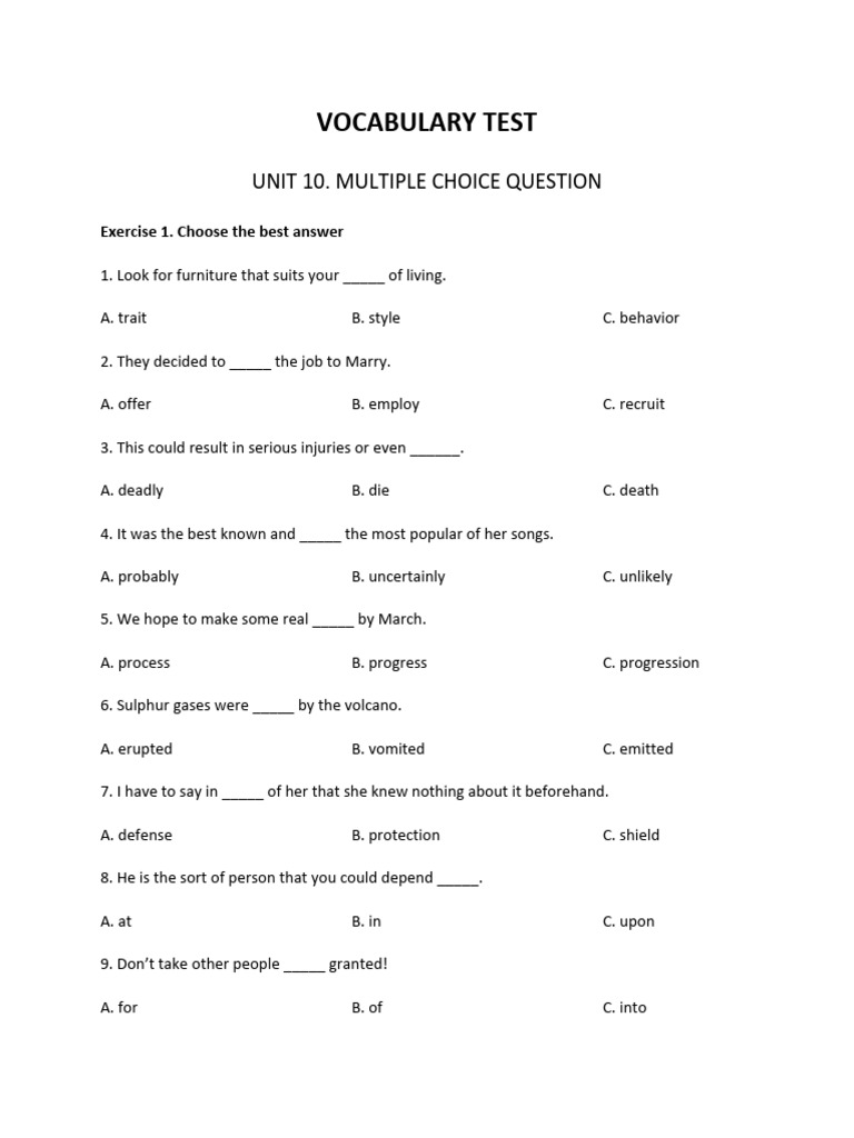 Vocab Test - Unit | PDF