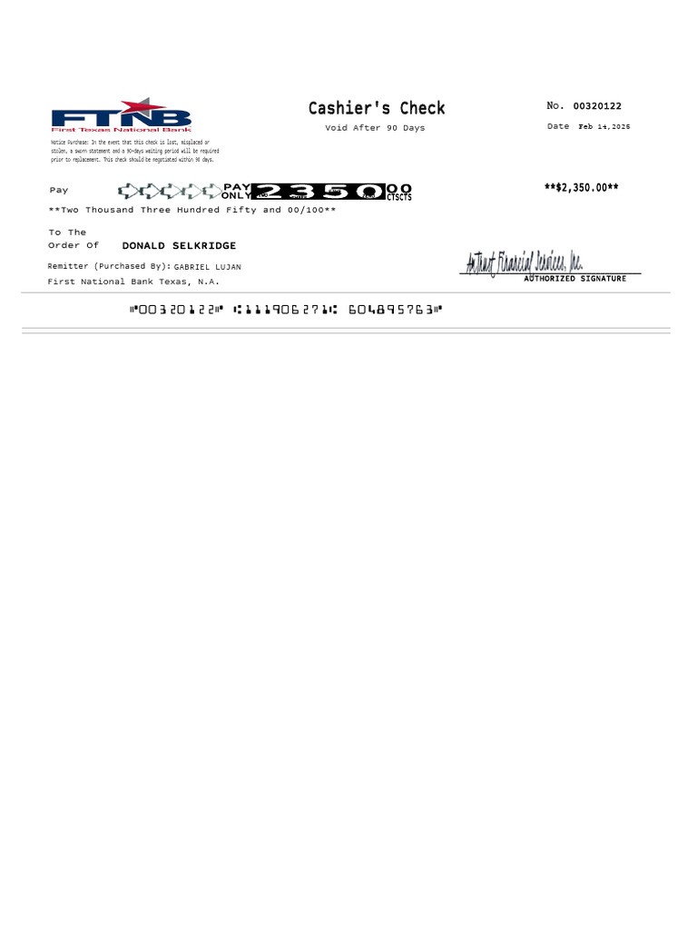 Cashier's Checks for Donald Selkridge & Daniel Walton | PDF